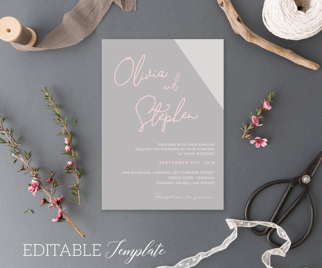 Grey Wedding Invitation TEMPLATE Dusty Grey Pink Engagement - Etsy ...