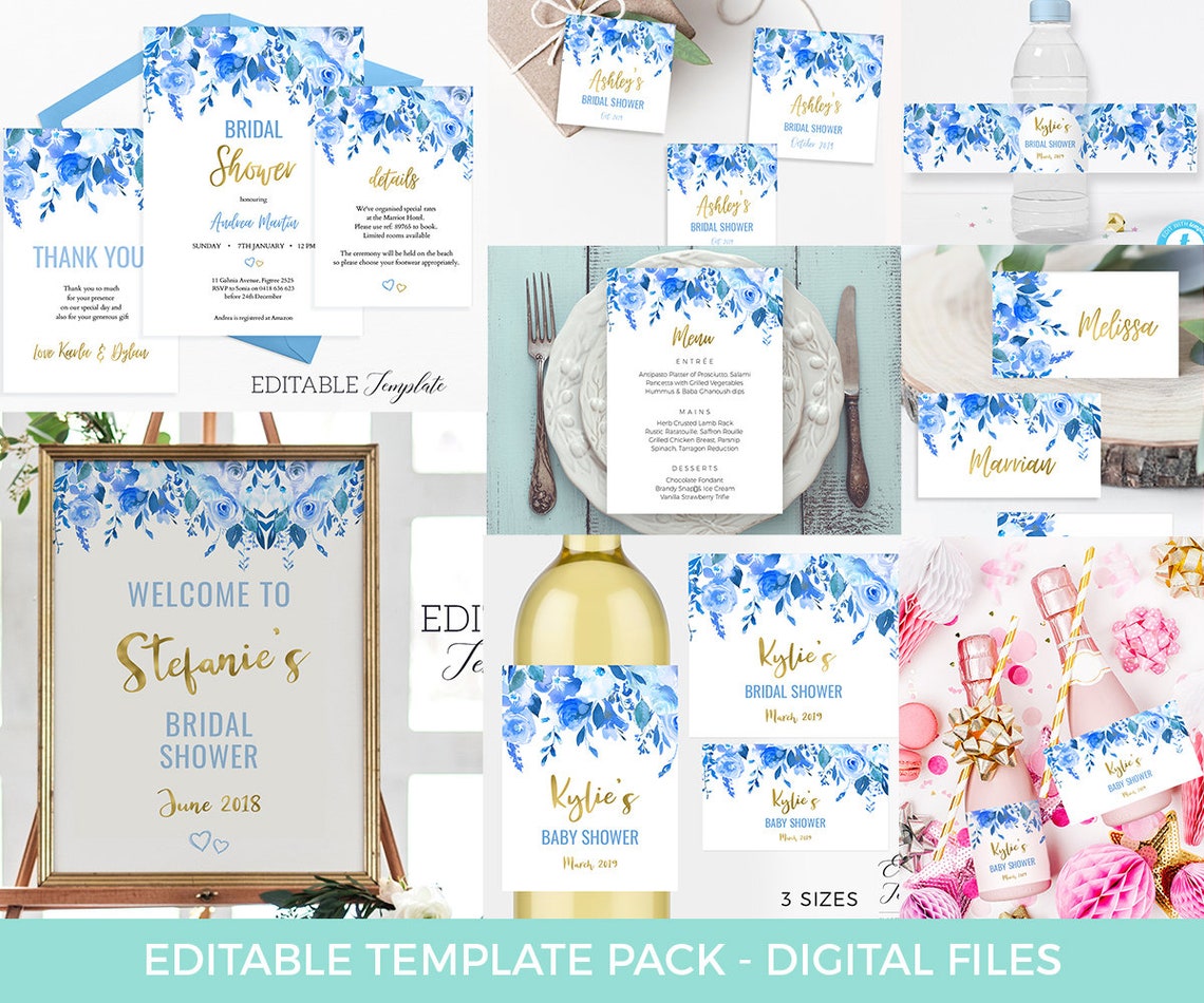 Blue Floral Water Bottle Label EDITABLE Template Engagement - Etsy ...