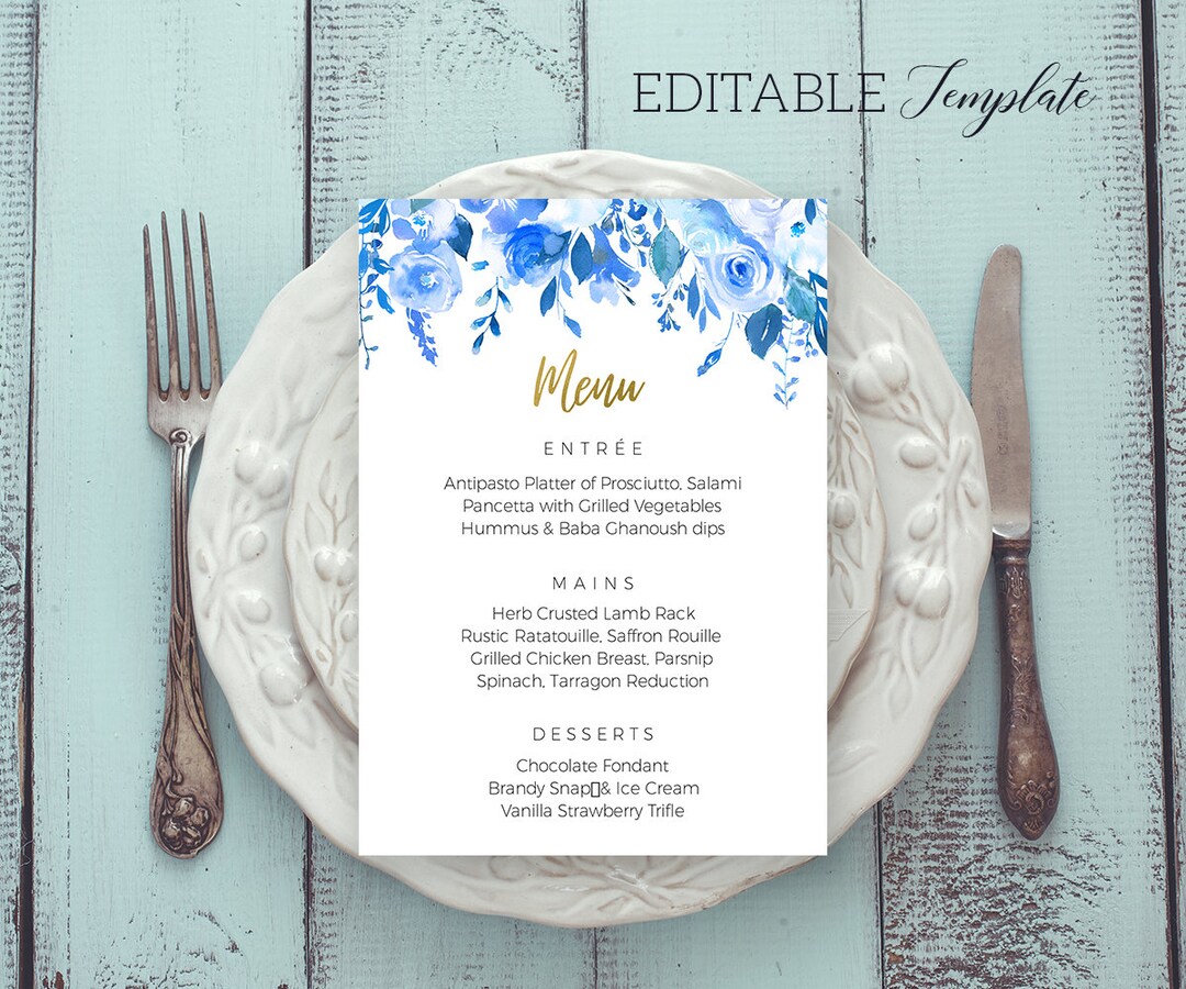 Blue Floral Menu EDITABLE Template, Gold Blue Menu Card PRINTABLE, Hens ...
