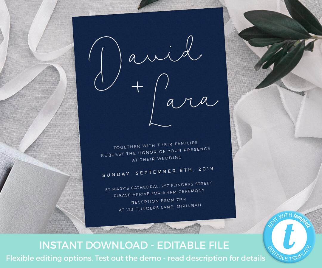 Navy Wedding Invitation Template EDITABLE, Modern Wedding Invite ...