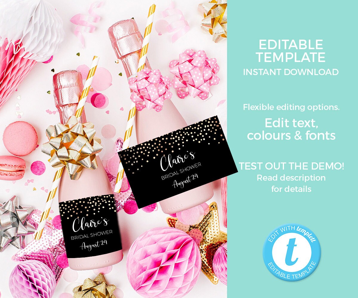 Black Champagne Labels Template, EDITABLE Wine Labels PRINTABLE Mini ...
