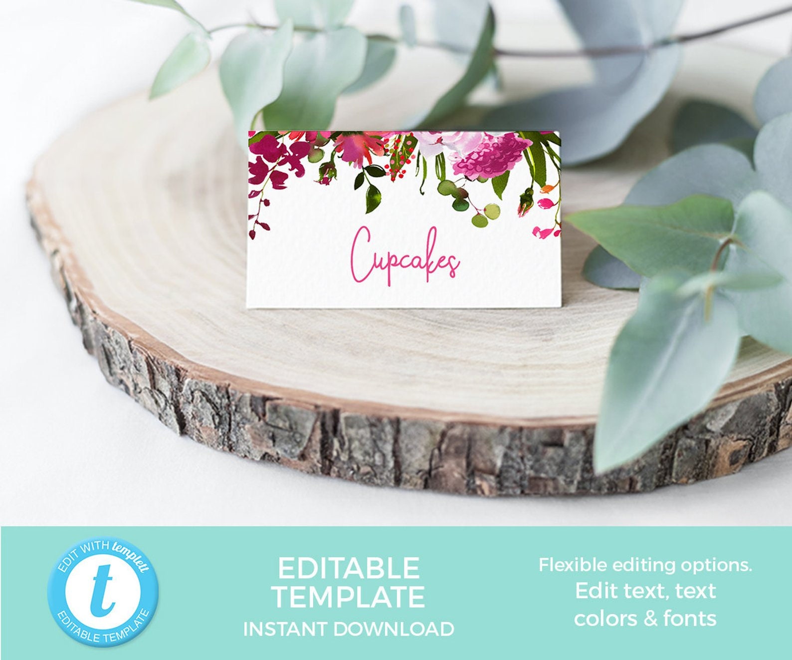 Red Floral Place Cards Template, Name Cards Wedding, Bright Pink Place ...