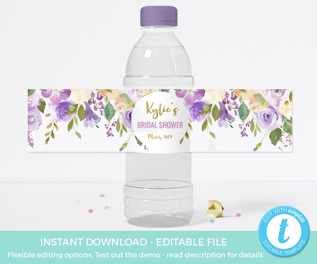 Purple Floral Water Bottle Label EDITABLE Template Violet - Etsy