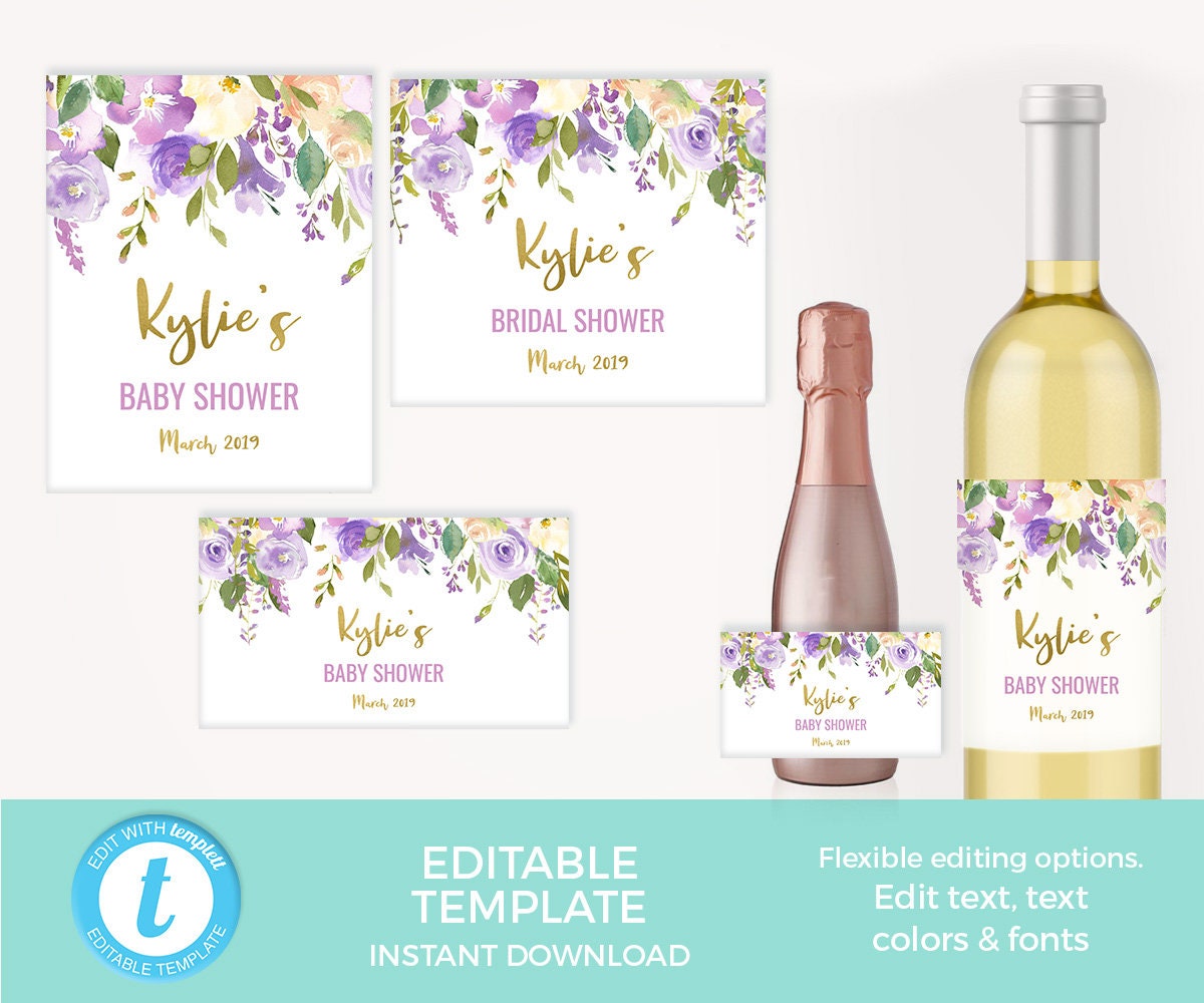 Purple Floral Water Bottle Label EDITABLE Template Violet - Etsy