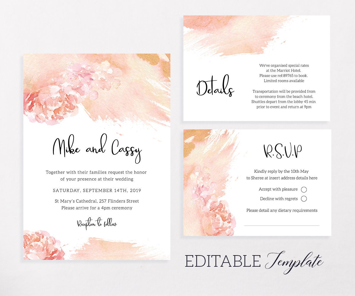 Blush Wedding Invitation Template Pink Bridal Shower Invites - Etsy ...