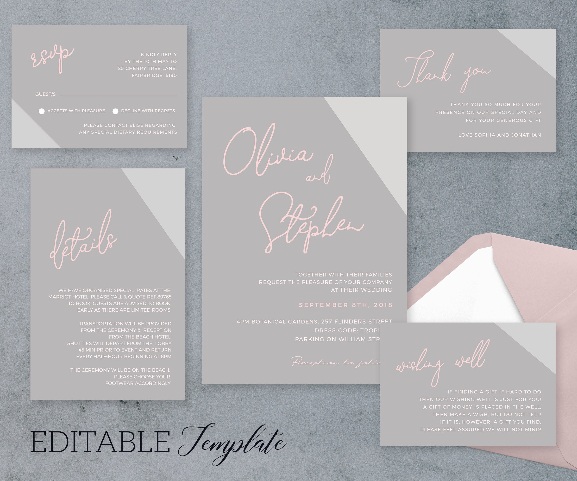 Grey Wedding Invitation TEMPLATE Dusty Grey Pink Engagement - Etsy ...