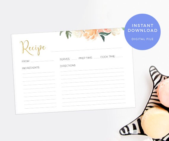 Elegant Floral Recipe card PRINTABLE. Rustic kitchen tea | Etsy