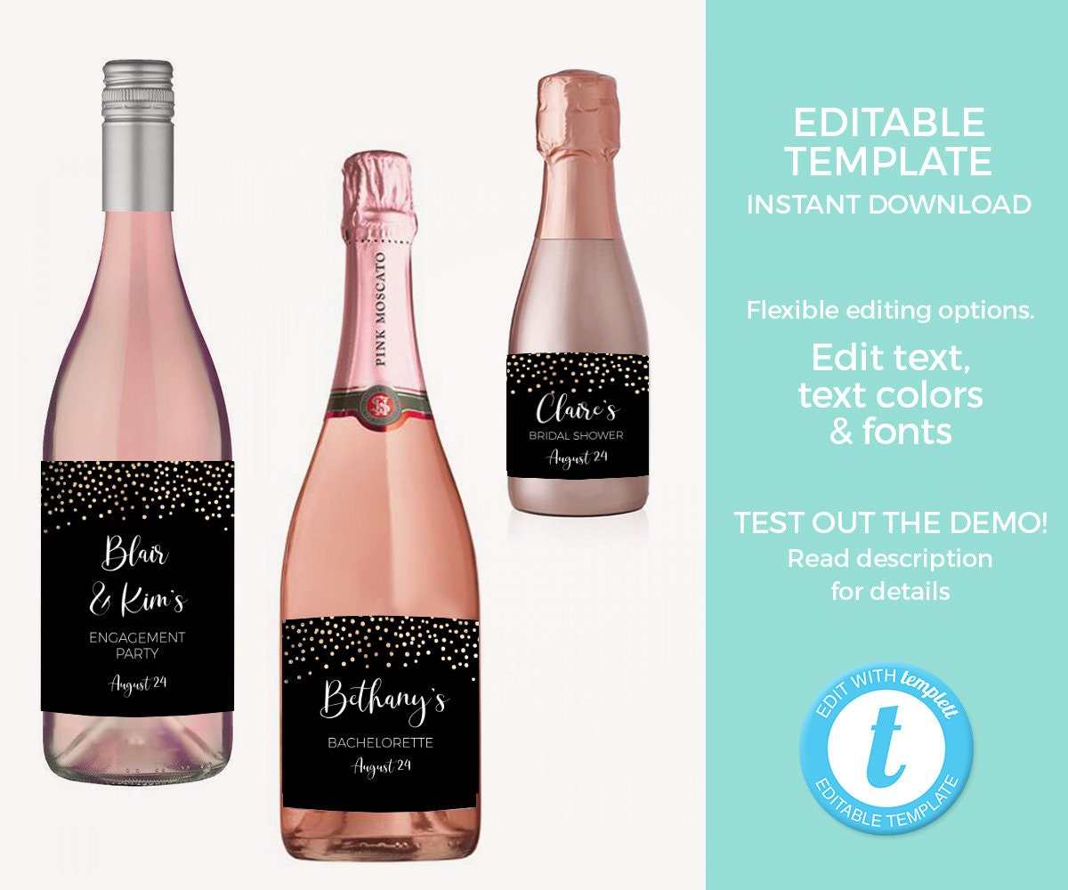 Black Champagne Labels Template, EDITABLE Wine Labels PRINTABLE Mini ...