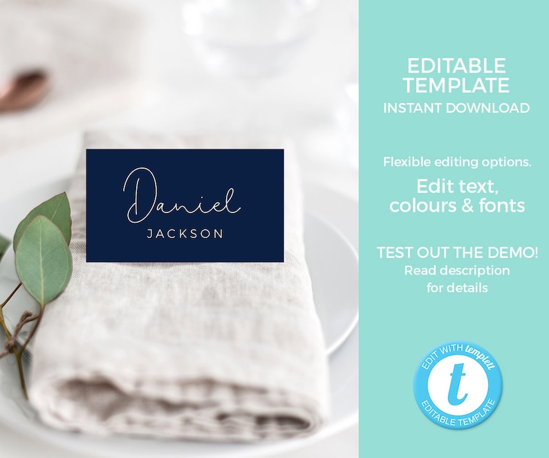 Elegant Navy Place Cards Template, EDITABLE Modern Name Cards Printable ...
