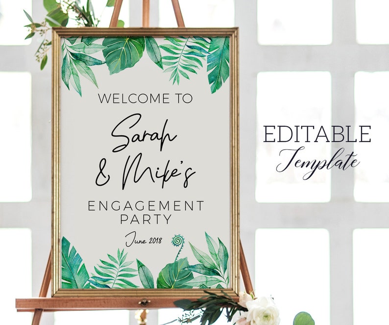 Tropical Welcome Sign EDITABLE, Engagement Party Sign Template ...