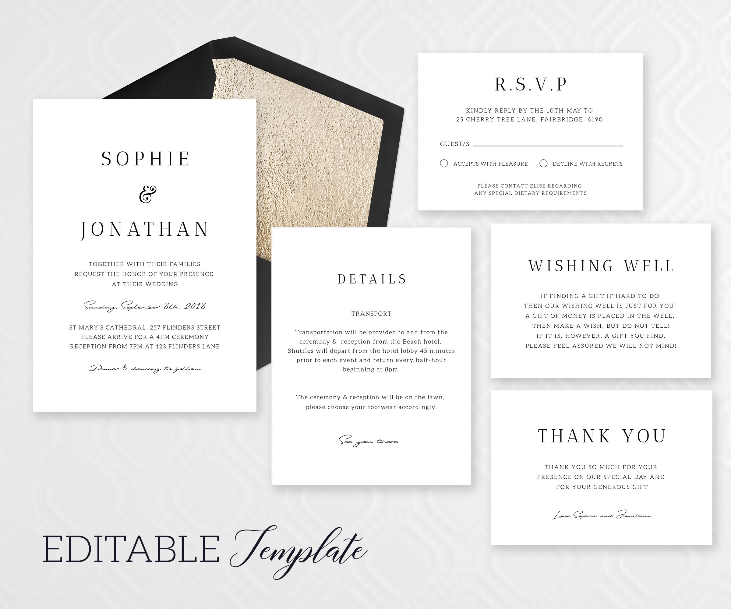 Elegant Place Cards EDITABLE Template Black White Name Cards | Etsy