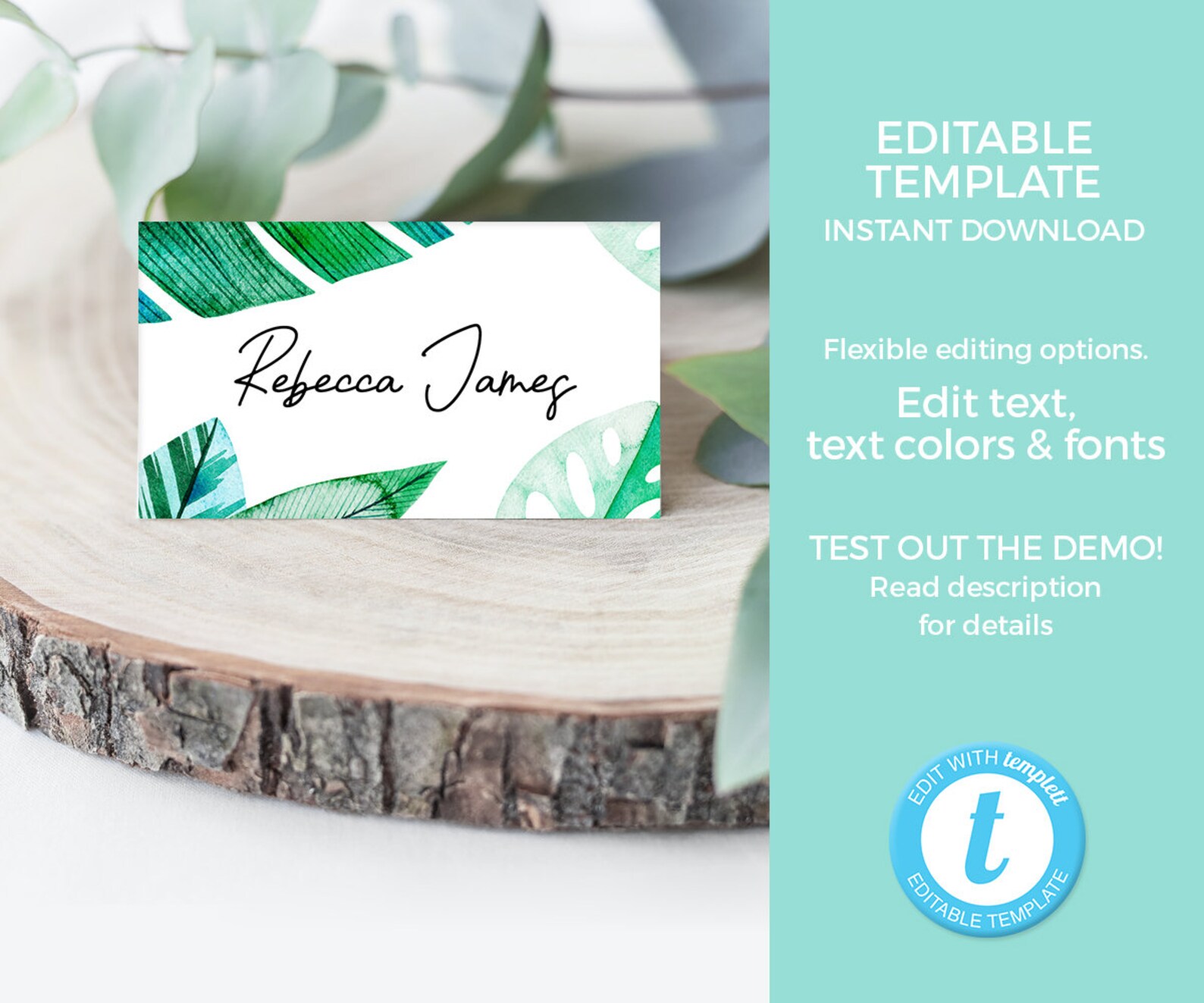 Tropical Name Cards TEMPLATE, EDITABLE Place Cards Printable, Greenery ...