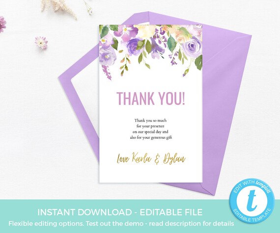 Violet Floral Thank You Cards EDITABLE Template Purple - Etsy Australia