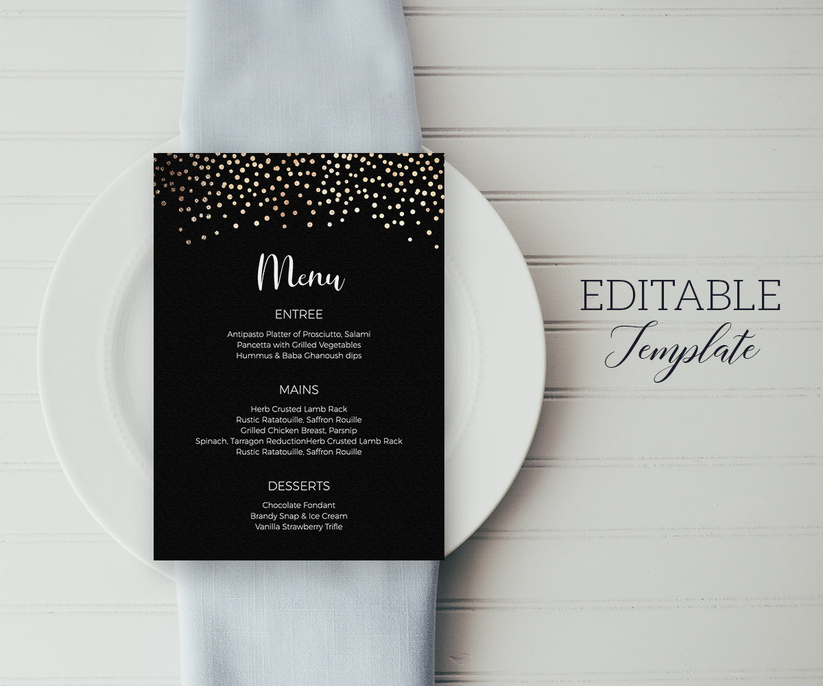 Black Menu TEMPLATE EDITABLE Wedding Menu PRINTABLE Confetti - Etsy ...