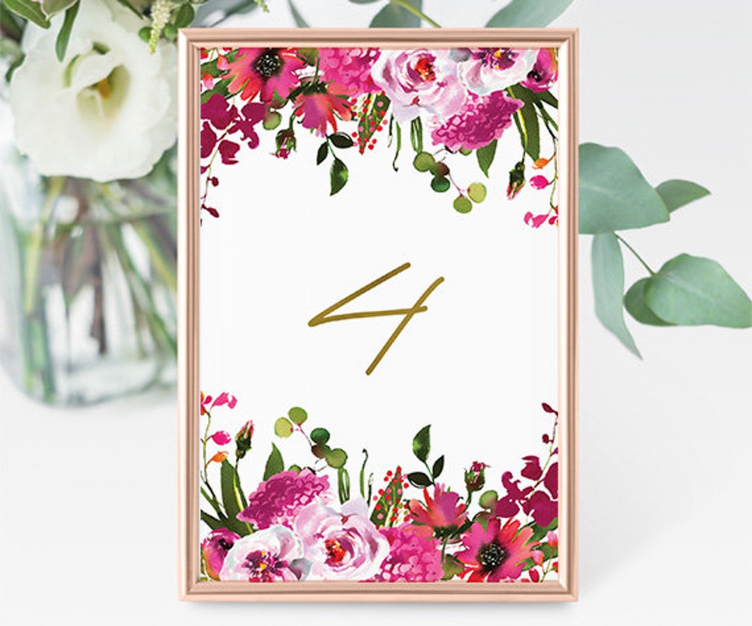 Bright Pink Floral Table Number PRINTABLE. Gold Pink Table Numbers ...