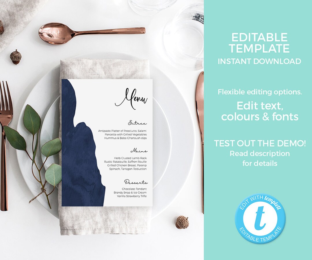 Navy Wedding Menu TEMPLATE, EDITABLE Engagement Menu PRINTABLE, Ink ...