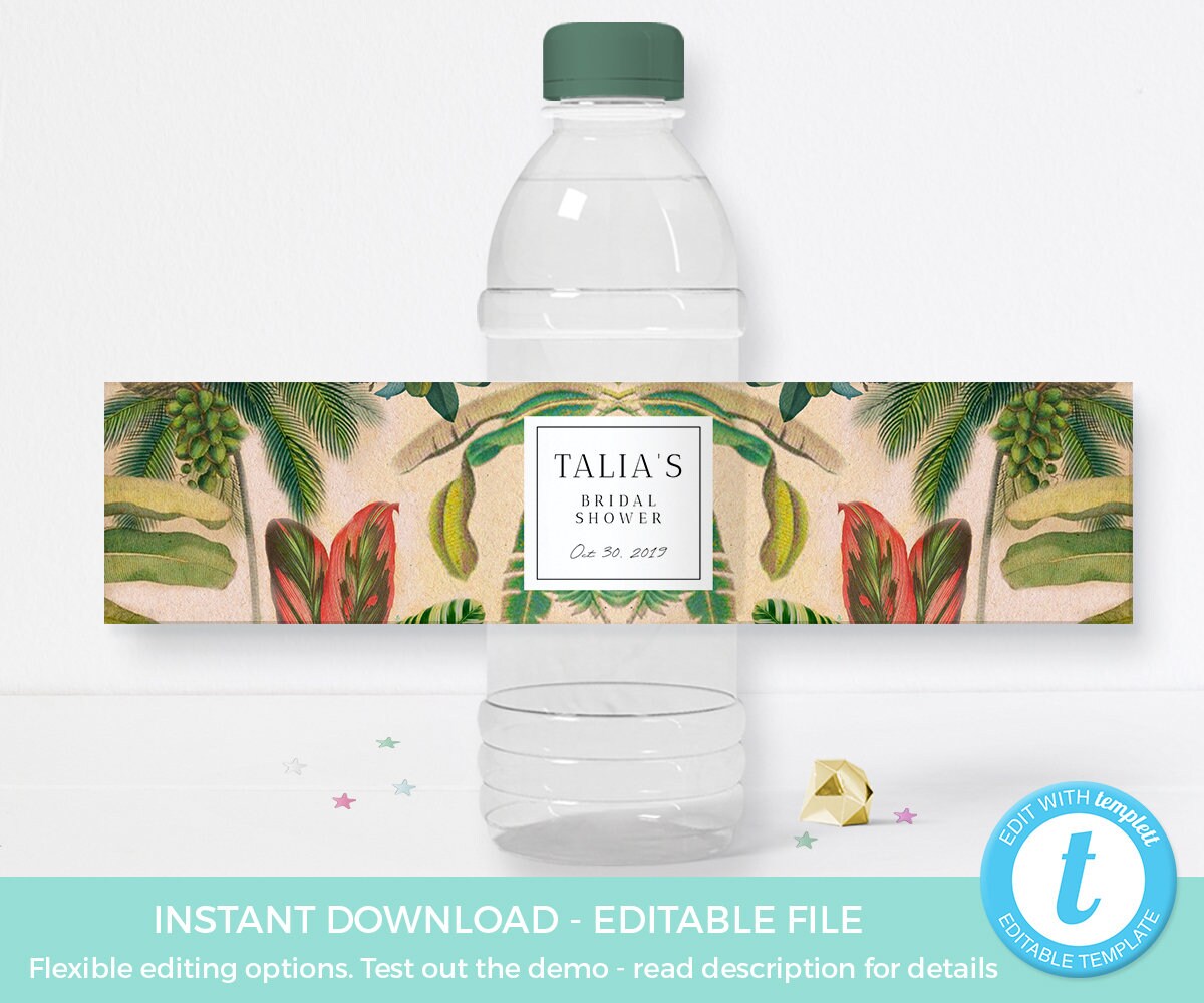Tropical Water Bottle Label TEMPLATE Botanical Bridal Shower - Etsy ...