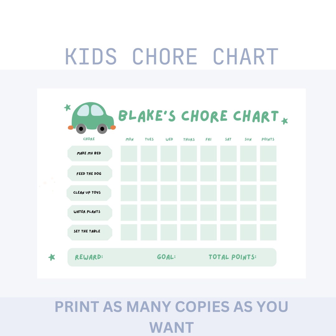 Editable Kids Chore Chart – Car Design, Responsibility Tracker (PDF) - Etsy