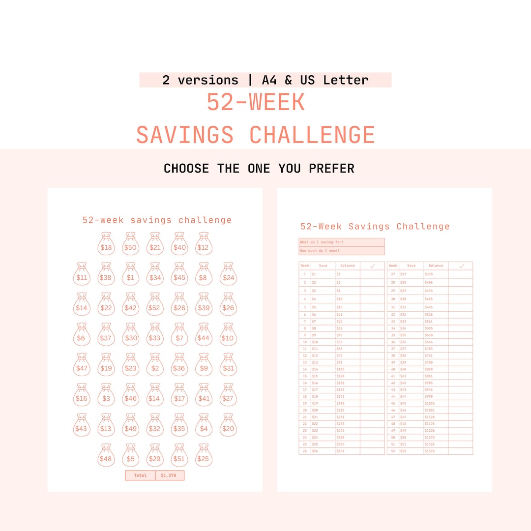 52-week Savings Challenge Printable | Money Tracker (PDF) - Etsy UK