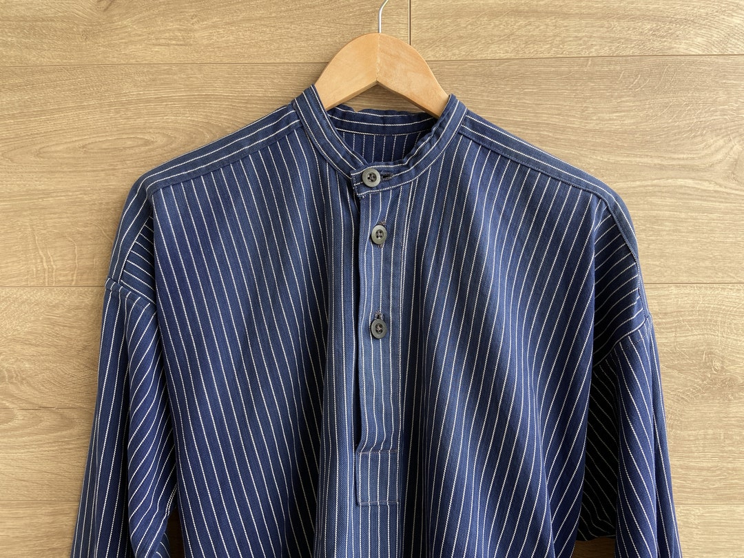 Vintage Collarless Striped Work Shirt Sun Faded Belted Back Shirt ...