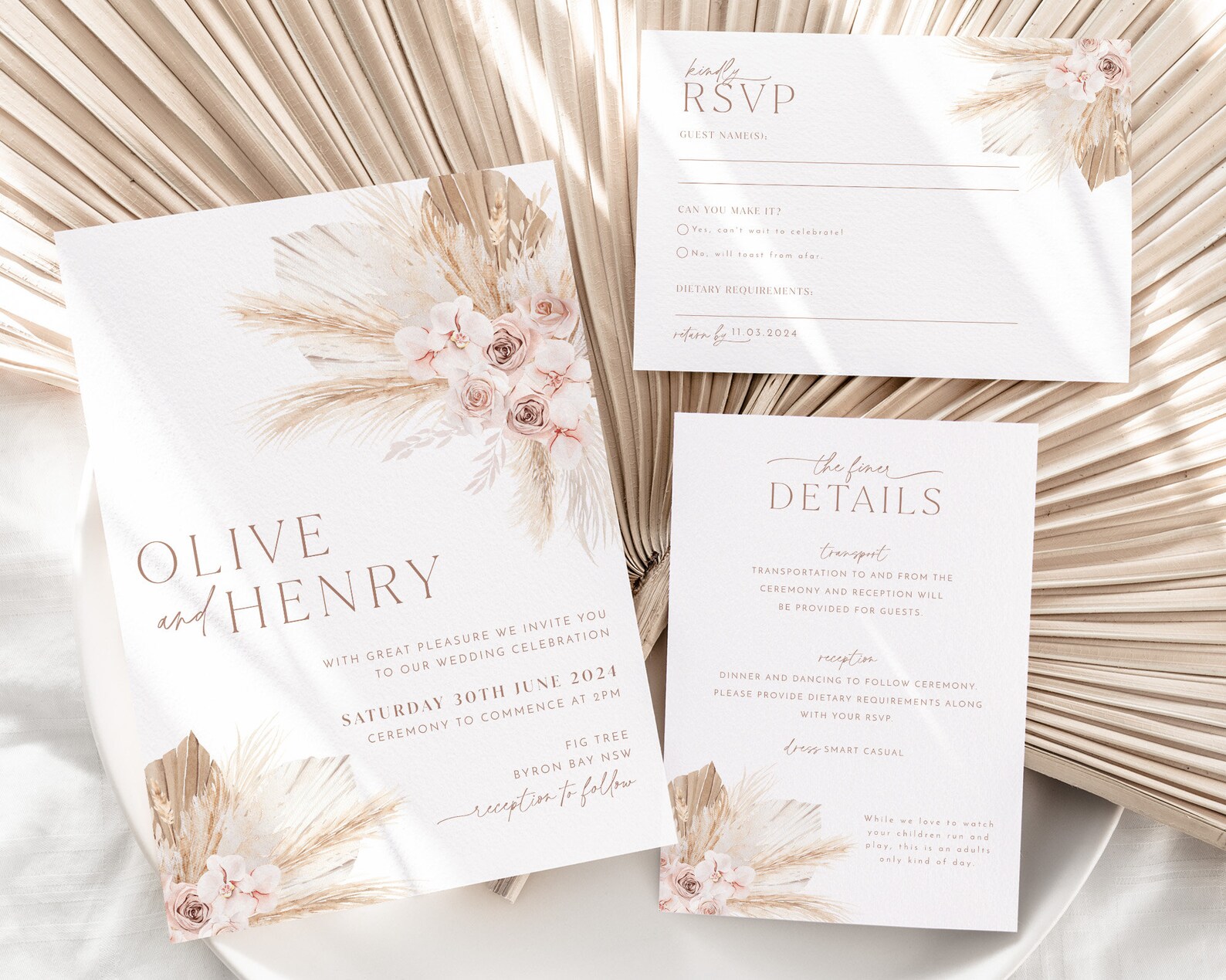 Boho Floral Wedding Invitation Template Set: Editable Pink & Olive ...