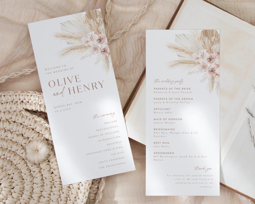 Boho Wedding Program Template, Pink Boho Floral Wedding Program ...