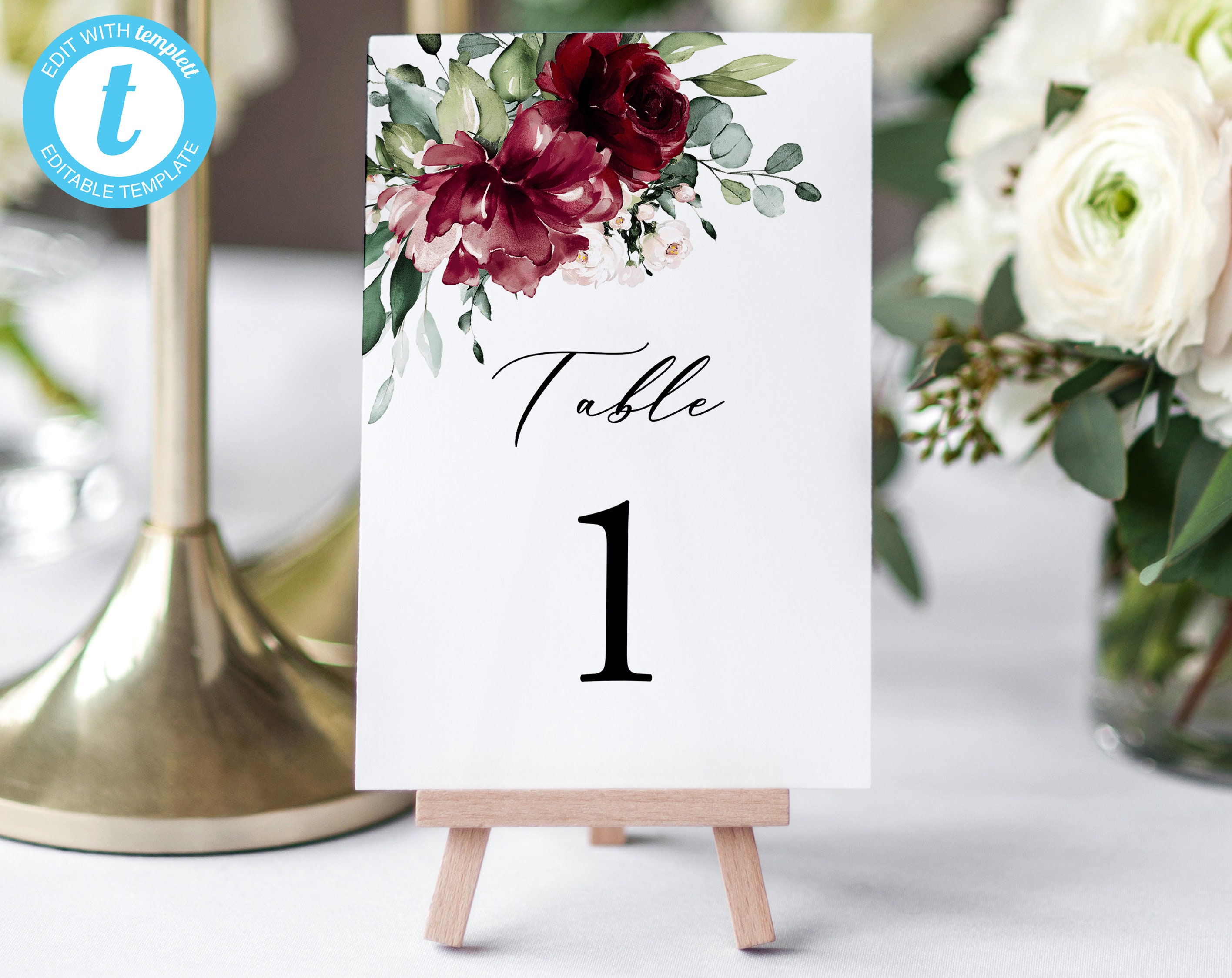 Burgundy Floral Wedding Table Numbers: Addison Suite (editable Template ...