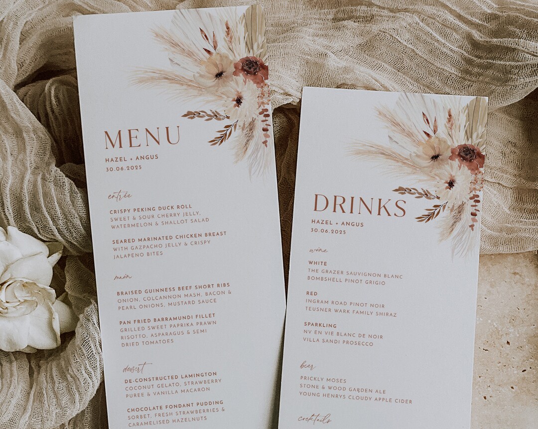 Boho Wedding Menu Template, Boho Floral Wedding Menu, Modern Wedding ...