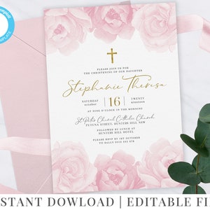 Pink Floral Christening Invitation | Baptism Invitation | Light Pink ...
