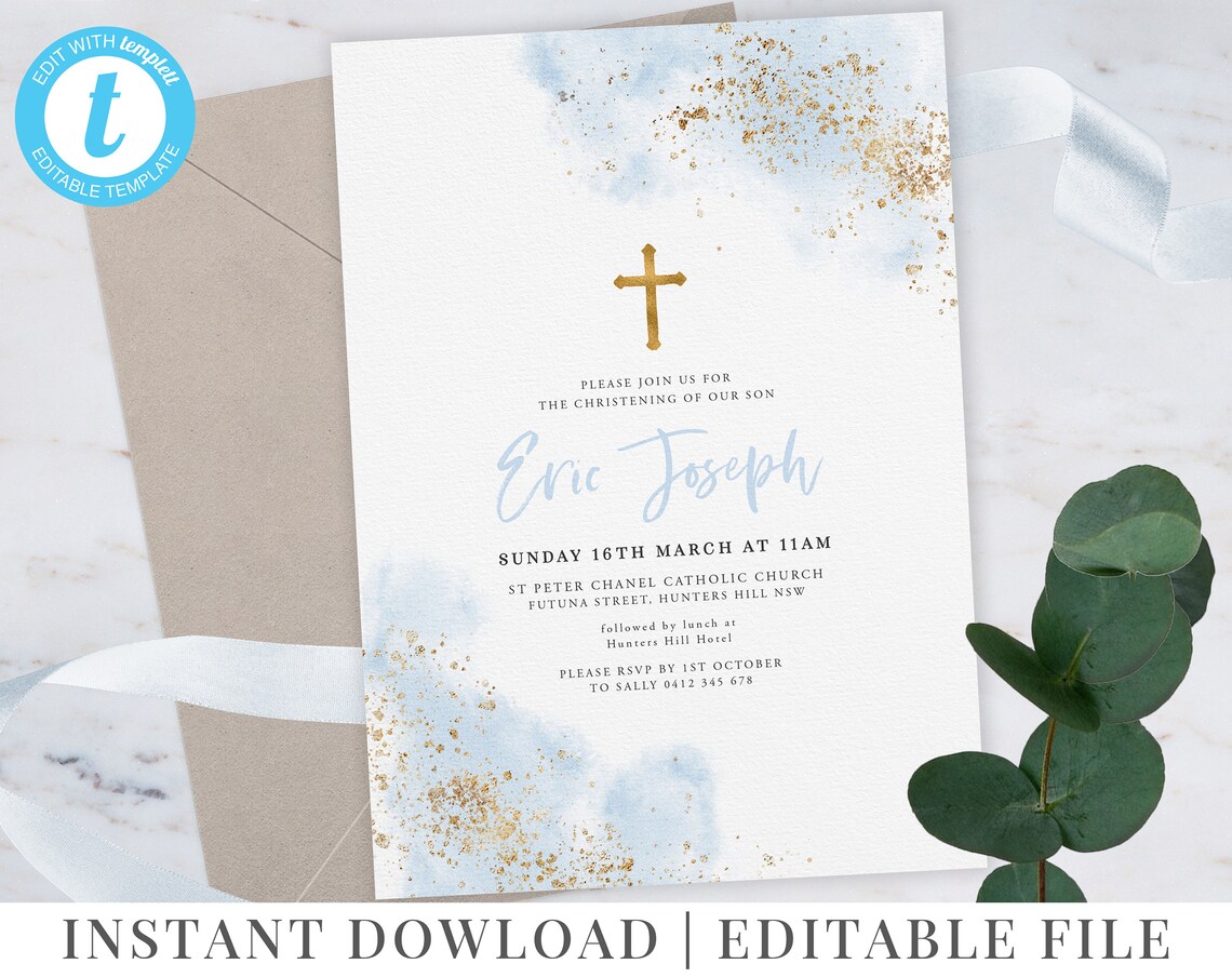 Blue Watercolour Christening Invitation Baptism Invitation - Etsy
