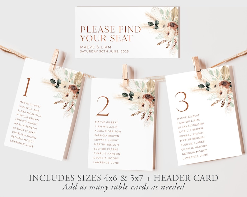Wedding Seating Chart Card Template Boho Wedding Seating | Etsy