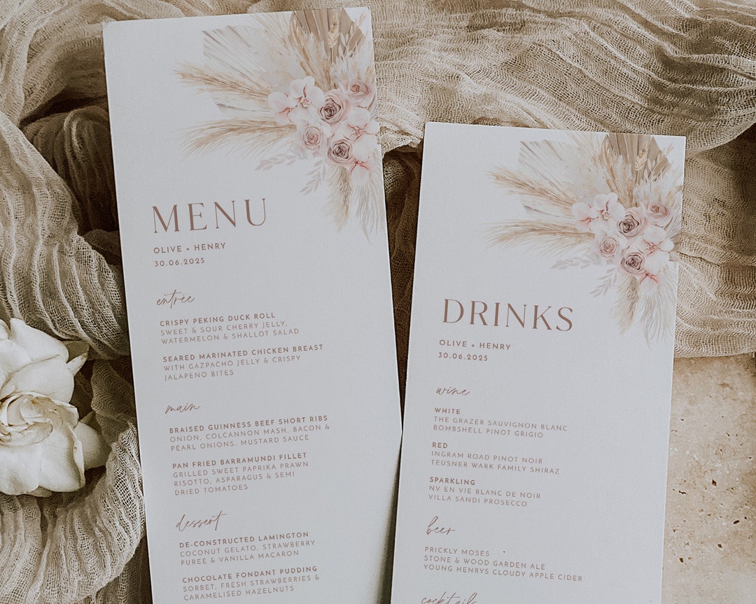 Boho Wedding Menu Template, Boho Floral Pink Wedding Menu, Modern ...
