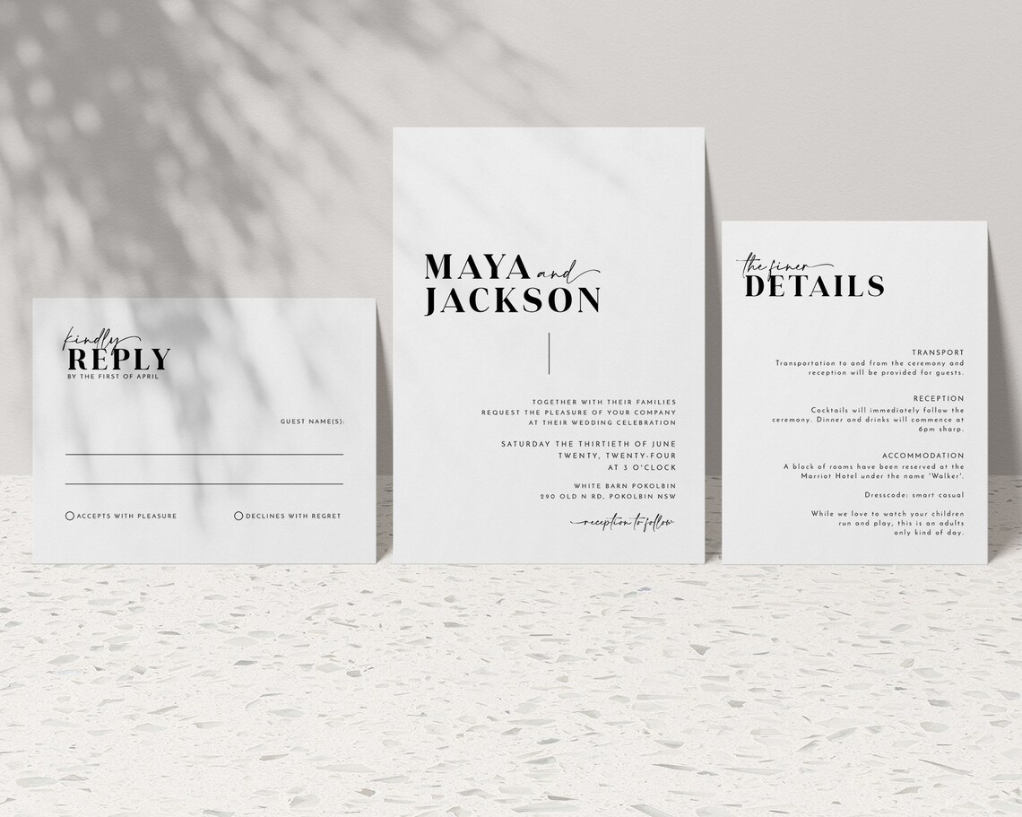 Minimalist Wedding Invitation Template Set Modern Wedding | Etsy