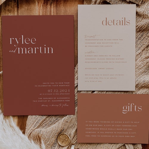 Modern Minimal Wedding Invitation Template Set Printable Rust | Etsy