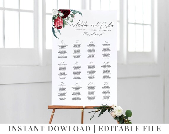 Floral Seating Chart Editable Seating Chart Burgundy | Etsy