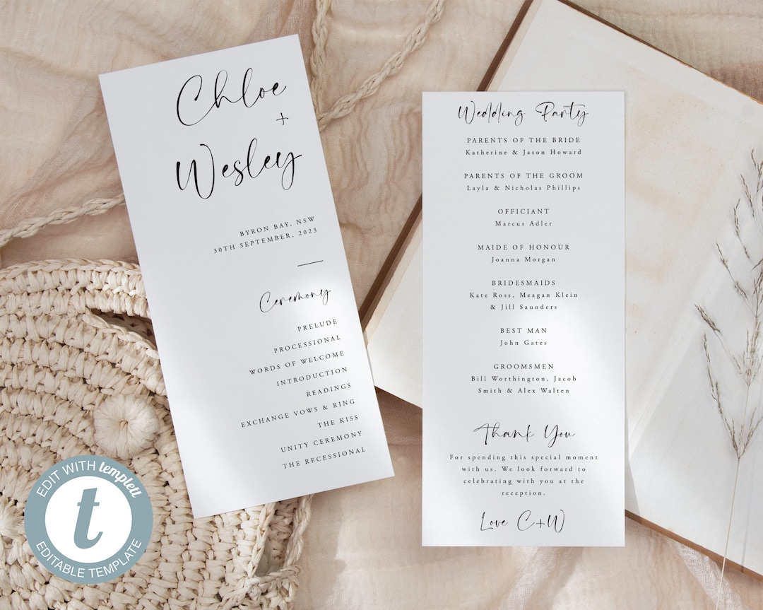 Simple Wedding Program Template, Editable Ceremony Program, Order of ...