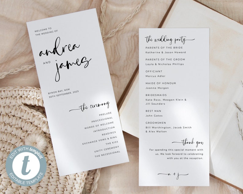 Minimalist Wedding Program Wedding Program Template Modern - Etsy