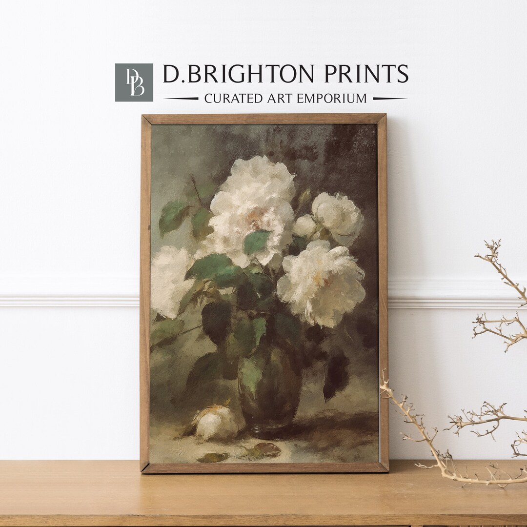 Printable Moody White Roses Painting Floral Wall Oil Painting Large ...