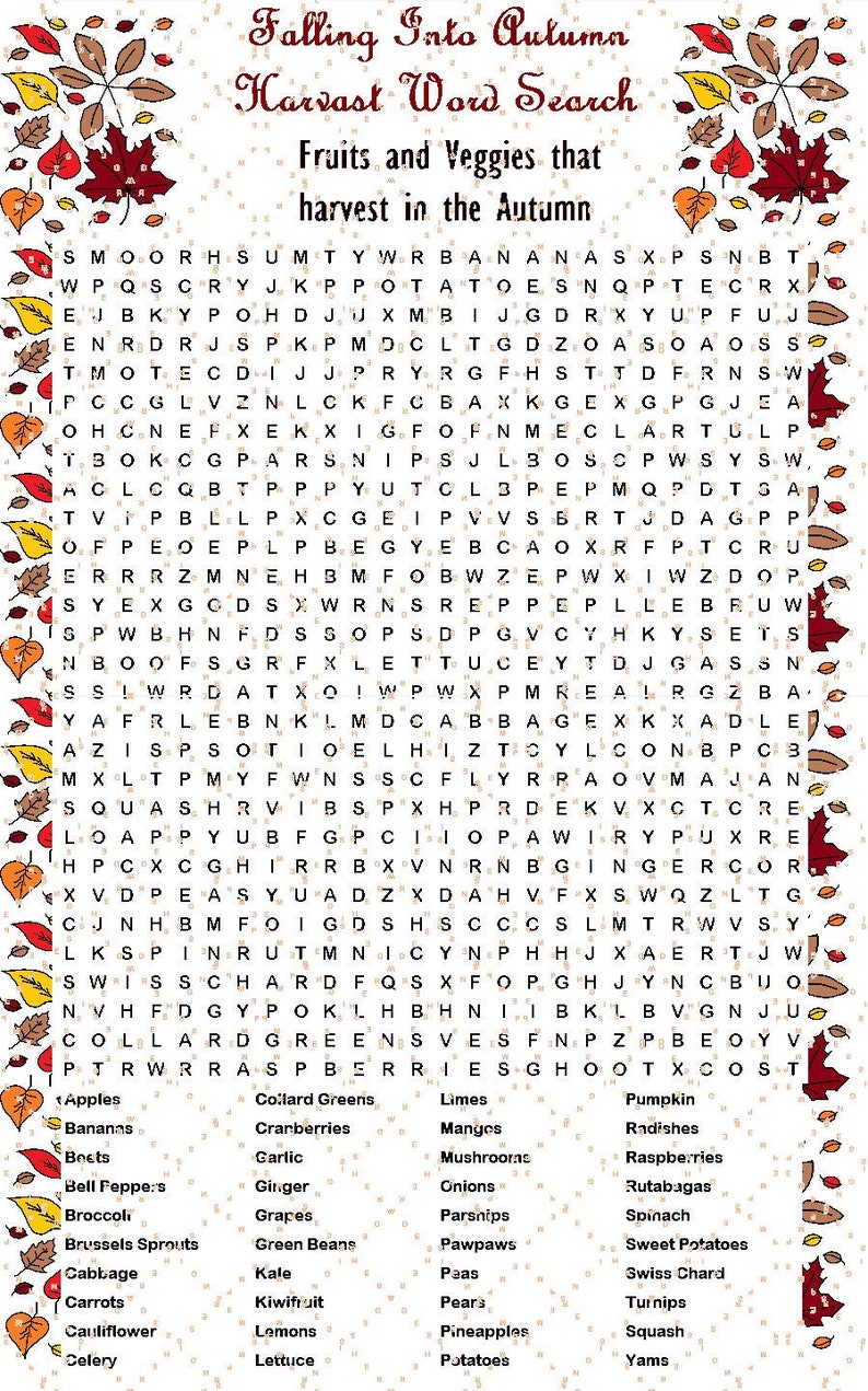 Autumn or Fall Word Search of Fruits and Vegetables - Etsy