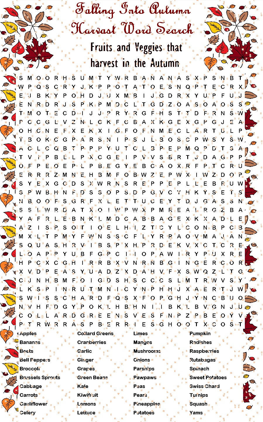 Autumn or Fall Word Search of Fruits and Vegetables - Etsy