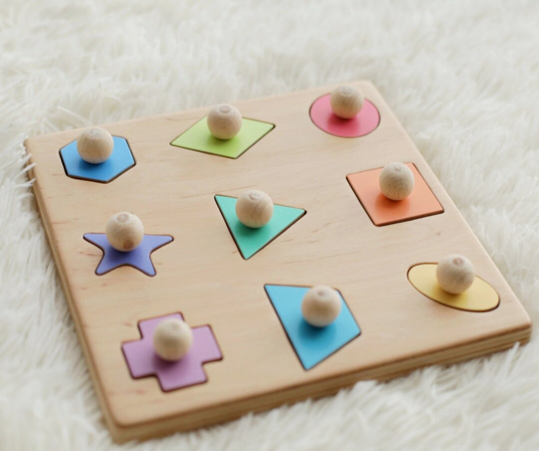 Geometric Shape Wooden Puzzle With Pegs, Montessori Educational Puzzle ...