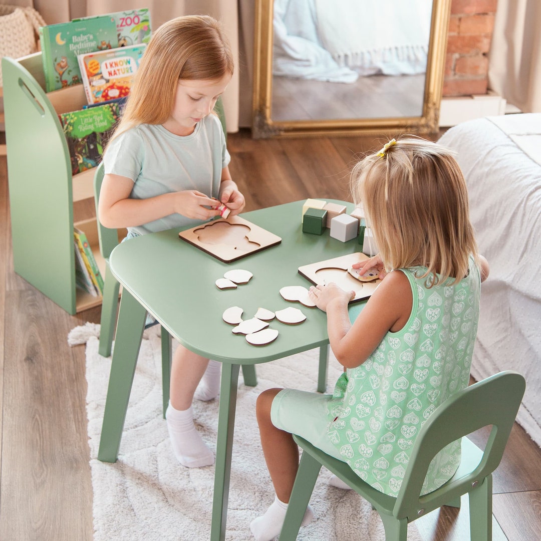 Montessori Table and Chair Set, Green Wooden Kids Table and Chairs ...
