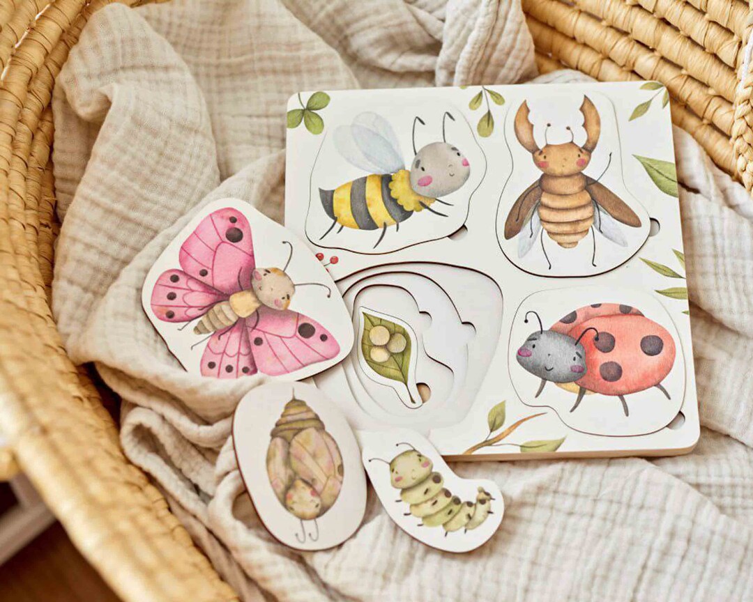 Montessori Puzzle With Insects, Sensory Activity Wooden Toys 2 Year Old ...