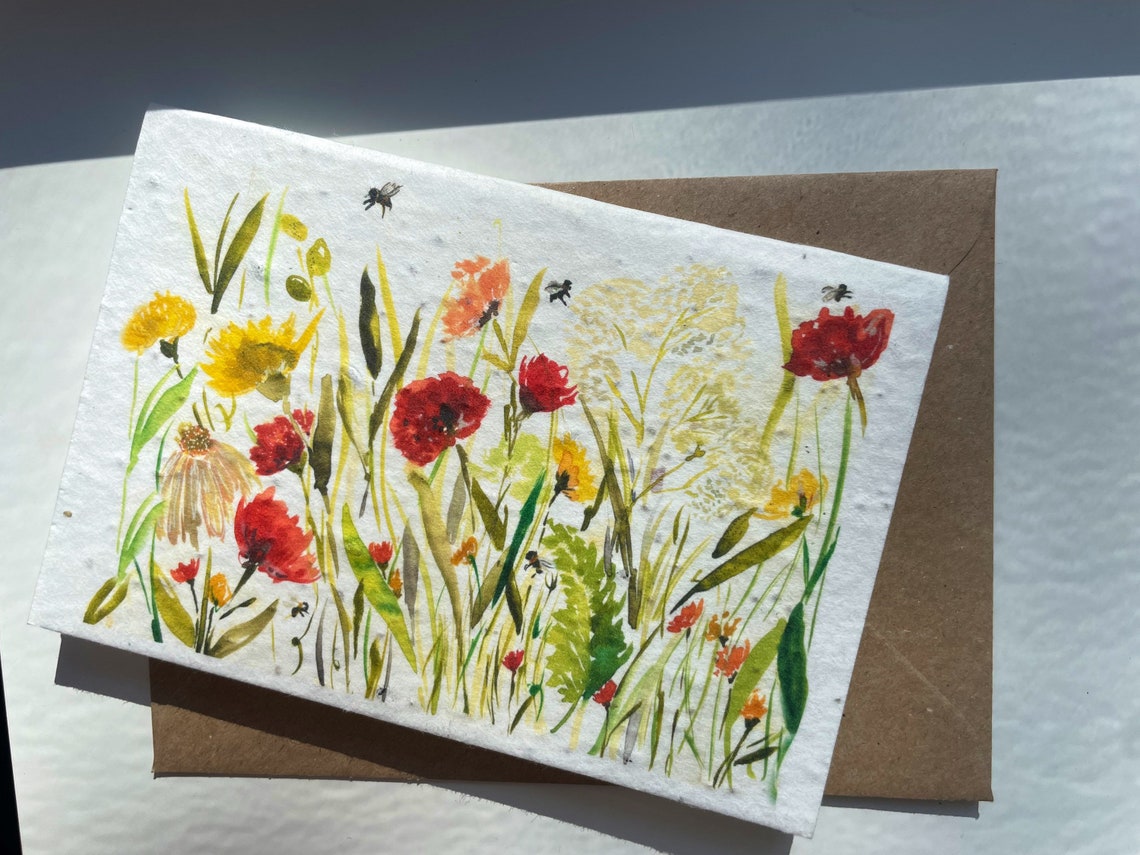 Poppys, Bees & Wildflowers Plantable Seed Card/ Seed Card Birthday Card ...