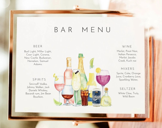 Bar Menu Template, Modern Editable Drink Menu, Minimalist Printable Bar ...