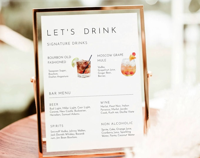 Bar Menu Template, Modern Editable Drink Menu, Minimalist Printable Bar ...