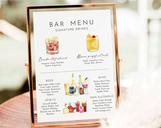 Bar Menu Template, Modern Editable Drink Menu, Minimalist Printable Bar ...