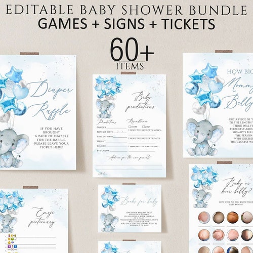 Editable Elephant Baby Shower Game Bundle Blue Floral - Etsy