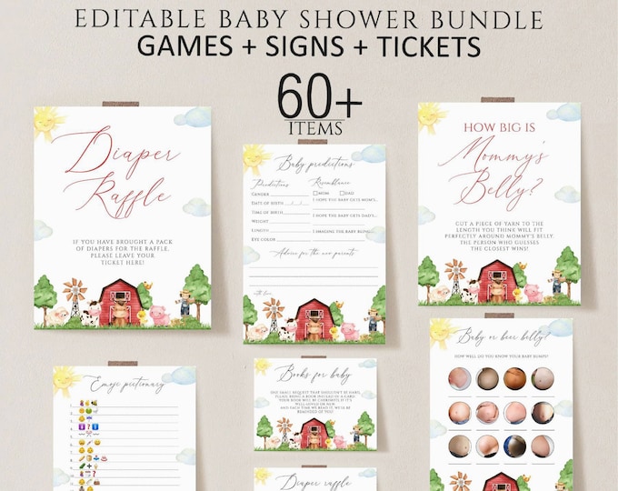 Editable Farm Baby Shower Game Bundle, Greenery Farm Baby Shower Game ...