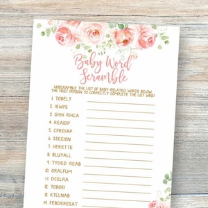 Floral Baby Shower Games Printable, Baby Word Scramble, Baby Shower ...